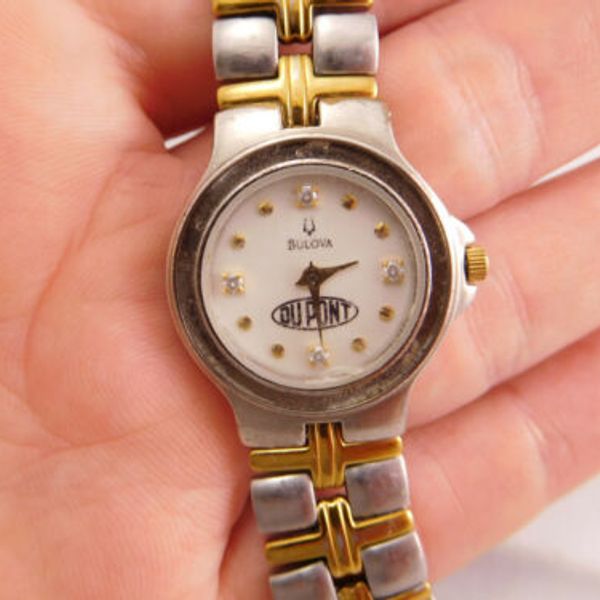 VINTAGE BULOVA DUPONT STAINLESS STEEL GOLD DIAMOND STONE LADIES WRIST ...