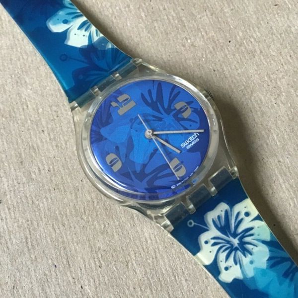 Swatch Watch “My Next Holidays” RARE 2002 Blue White hibiscus flowers ...