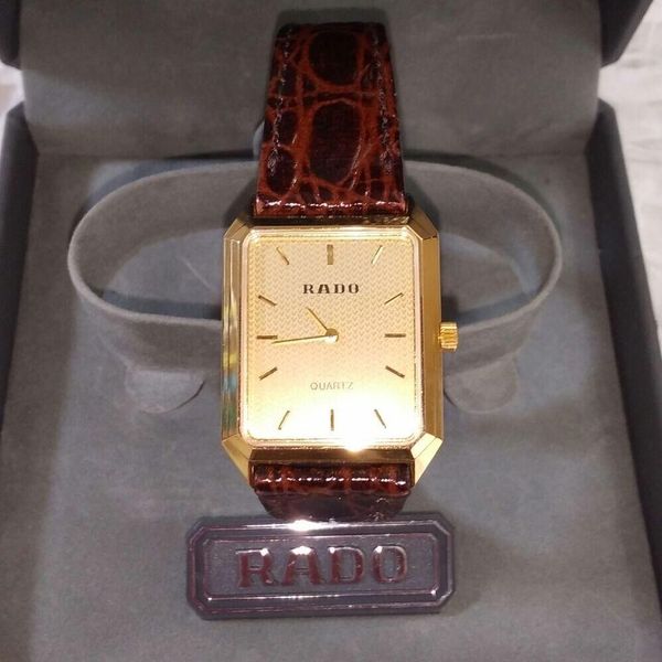 RADO Vintage Watch Quartz Gold Rectangle Brown Leather Band Swiss Box ...
