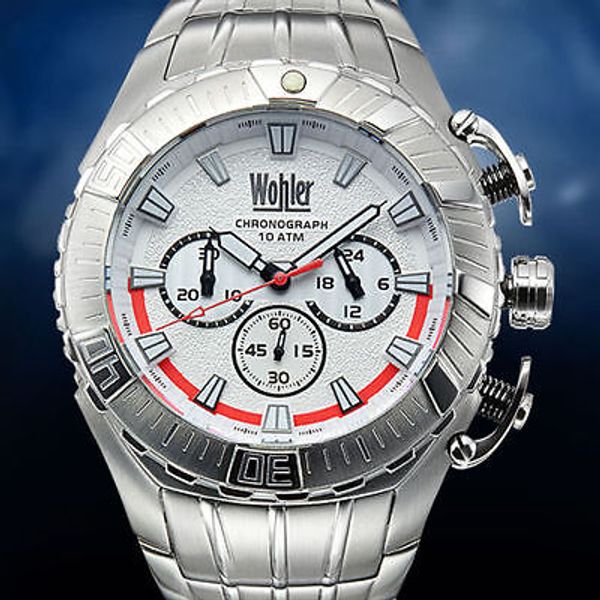NEW Wohler Cohen 1230M Men's Chronograph SS Watch White Dial Face Red ...