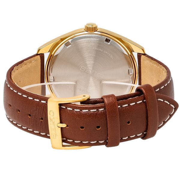 Seiko Essentials Men's Gold Tone Champagne Dial Brown Leather Strap Watch SUR450 | WatchCharts ...