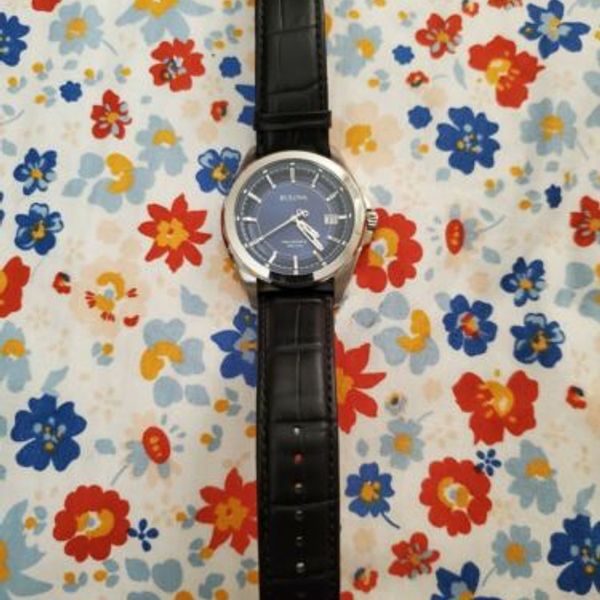 Bulova 96B257 Blue Dial Quartz Stainless Steel and Black Leather Men's ...