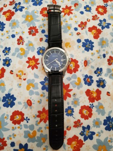 Bulova 96B257 Blue Dial Quartz Stainless Steel and Black Leather Men's ...