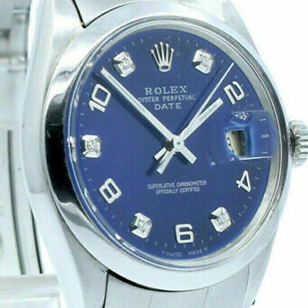 Mens Vintage ROLEX Oyster Perpetual Date 34mm Navy Blue Color Dial ...