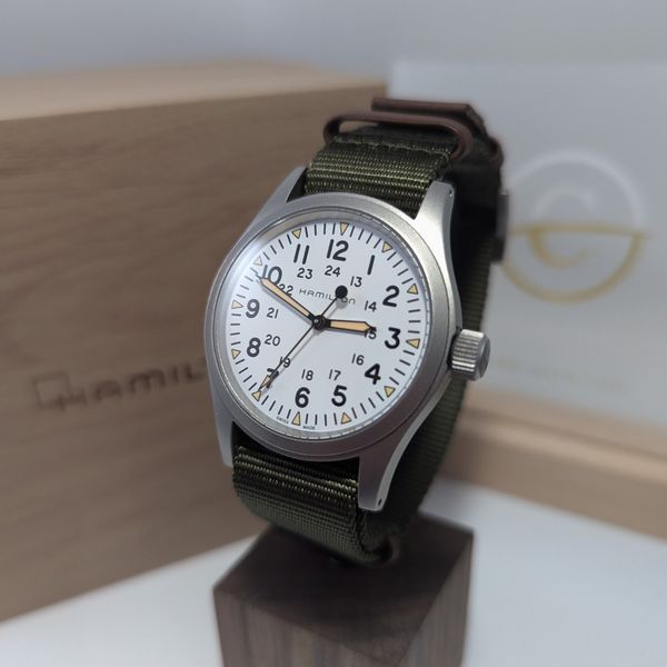 Hamilton Khaki Field Mechanical Watch 38mm White Dial Khaki Strap Box ...