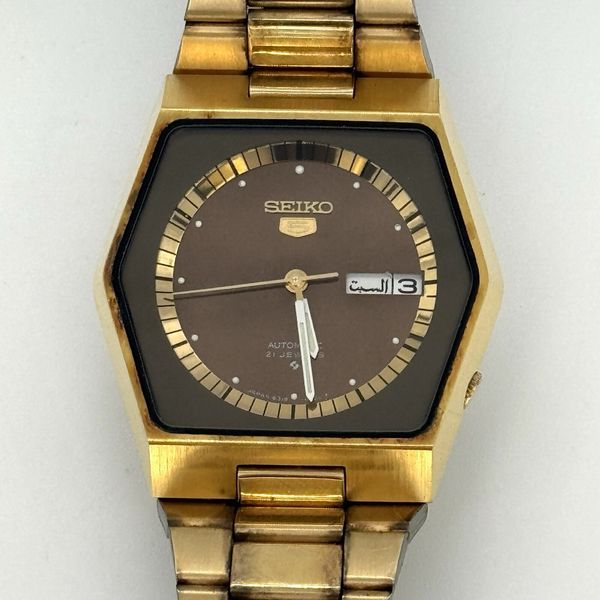 Seiko Gold-Tone Hexagon Arabic/English Day-Date 38mm Automatic Watch ...