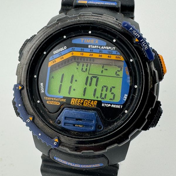 Timex Indiglo Watch Reef Gear Quartz Men Black Digital Alarm Chrono New ...