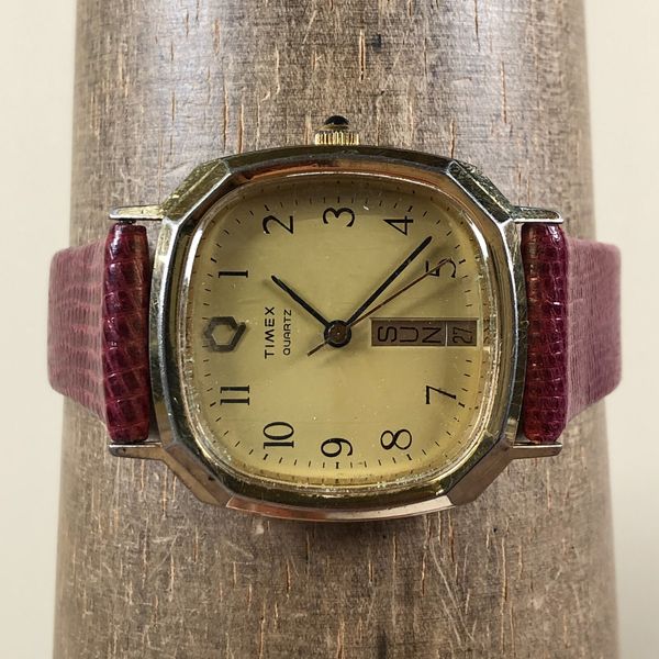 Vintage Timex M Cell Men Hexagonal Day Date Leather Analog 32mm Watch 7 ...