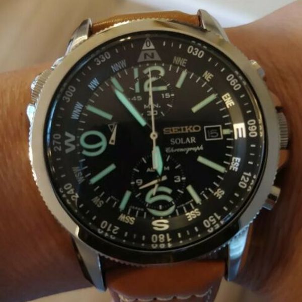 Seiko Solar SSC081 Brown Leather Chronograph Compass Field Watch ...