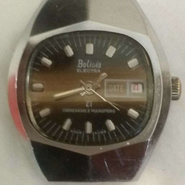Vintage Bolivia Electra Mechanical Men's Wrist Watch Day, Angled Bezel ...