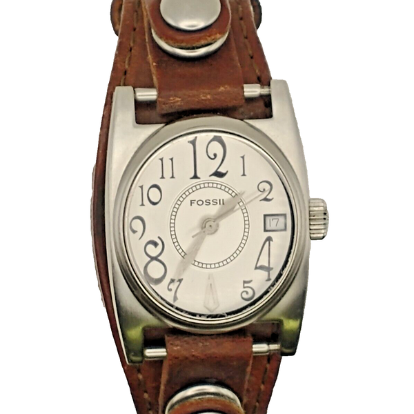 FOSSIL Retro Vintage Style Women's Watch, Silver, Brown Leather, Date ...