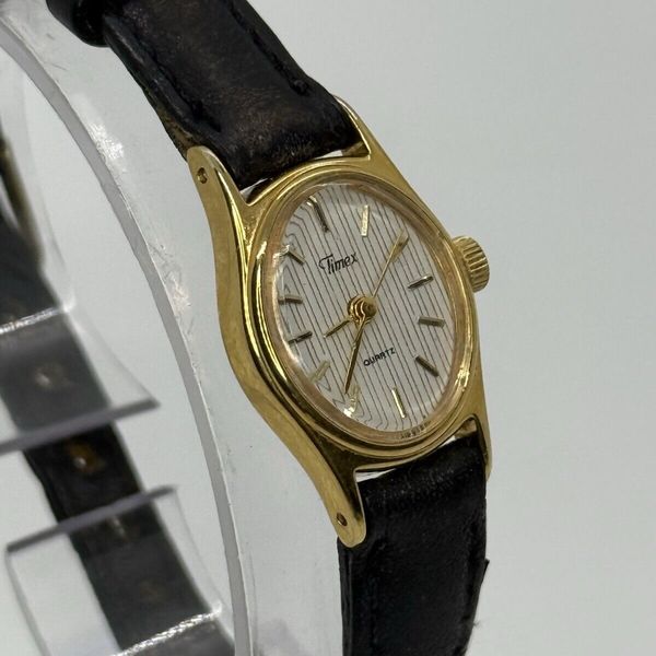 Vintage Ladies Timex Quartz BA Cell Wristwatch Black Leather Band ...