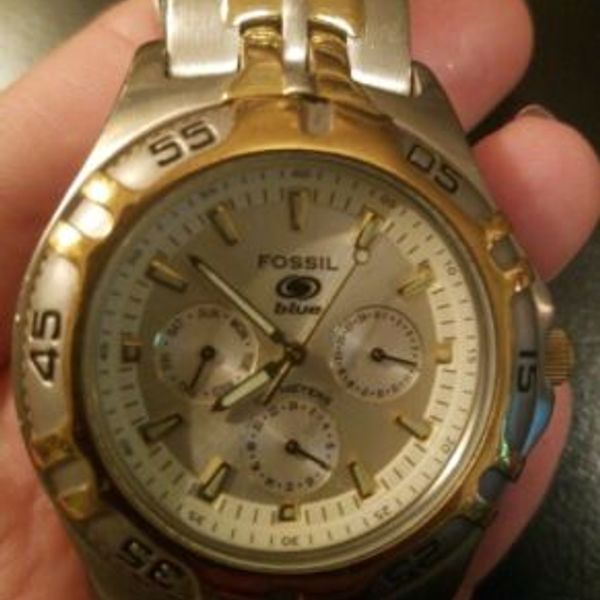 FOSSIL BLUE Mens chronograph two tone compass silver gold wrist watch ...