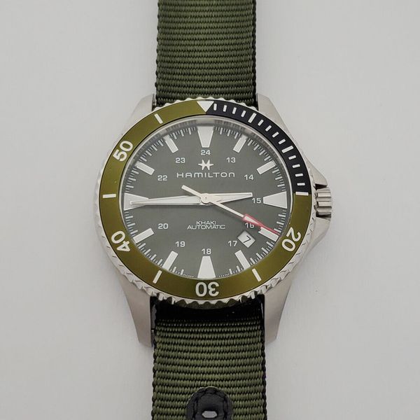 Large Hamilton Khaki Divers H823750 Green Dial Sprite Bezel Nato Strap ...
