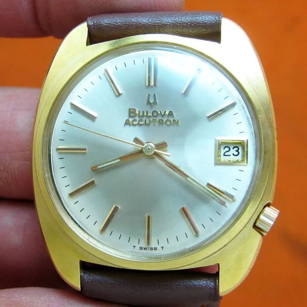 SERVICED ACCUTRON BULOVA 2181 GOLD ELECTROPLATE TUNING FORK MEN's WATCH ...