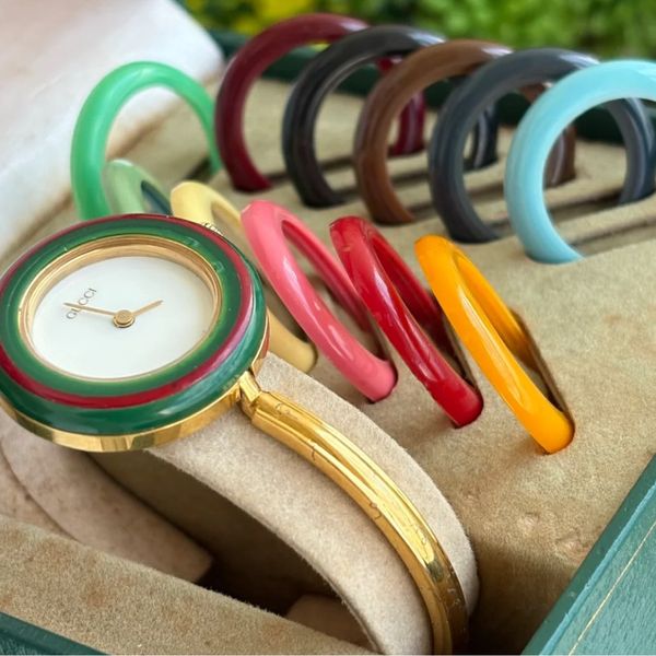 Vintage Gucci 1100L Interchangeable Bezel Set Bangle Watch in Gold Tone ...