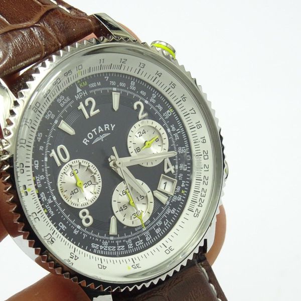 ROTARY 42mm Men's Aviator Chronograph Leather Wristwatch WORKING NO ...