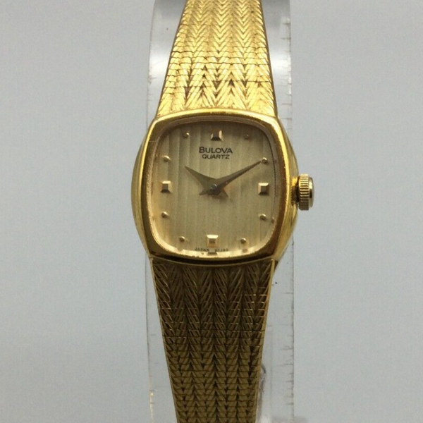 Vintage Bulova Watch Women 15mm Gold Tone Rectangle Dial 1987 New ...
