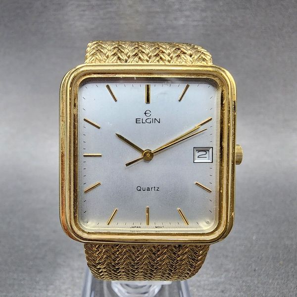 Elgin Tank Watch Men 30mm Silver Dial Gold Tone Date Rectangle New ...