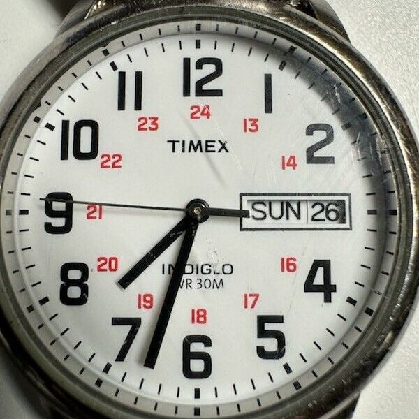 Timex Quartz Easy Reader 24 Hour Dial Indiglo Runs Good Scratched ...