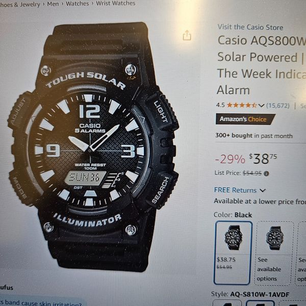 Casio Black Analog Digital Watch LED Light Solar Powered Alarm AQS800W ...