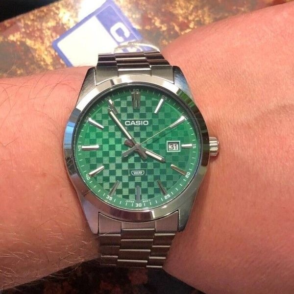 Casio MTP-VD03D-3A1 Green Checked Dial Analog Quartz Stainless Steel ...