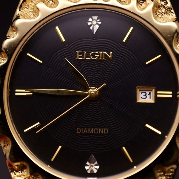 Elgin Men's Vintage “Gold Nugget” Quartz Gold Toned, Diamond Dial ...
