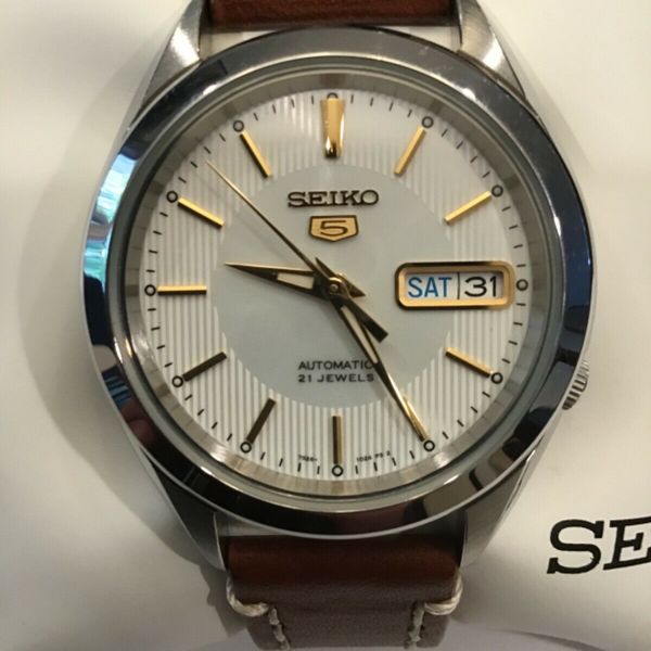 Seiko 5 SNKL17 Automatic Watch White Dial Gold Gilt Hands 7S26 Day Date ...