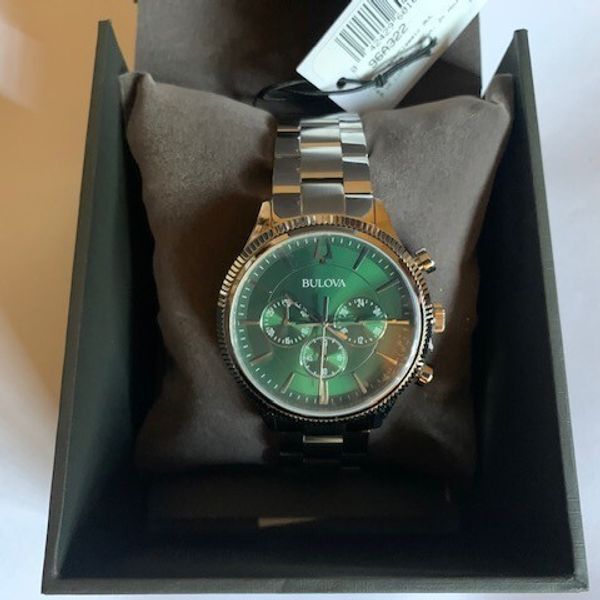 Bulova Men's Stainless Steel Chronograph Watch - Green Face - Open box ...