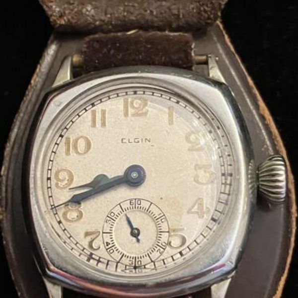 ANTIQUE ELGIN MILITARY STYLE WRIST WATCH W/MILITARY LEATHER TRENCH BAND ...