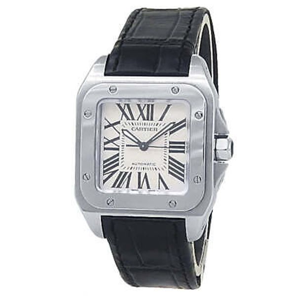 Cartier Santos 100 Stainless Steel Leather Auto Silver Midsize Watch ...