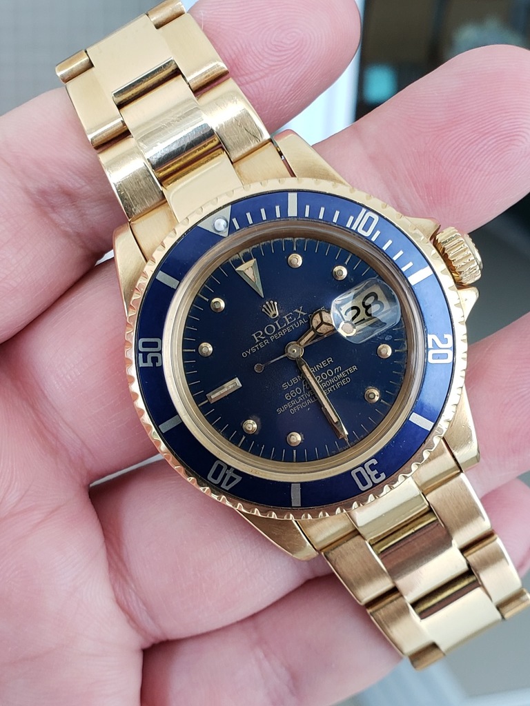 Rolex submariner date 1680 nipple dial, yellow gold blue dial | WatchCharts Marketplace
