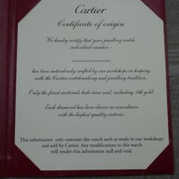 Blank CARTIER Certificate of Origin Guarantee Jewellery Watch 18k Gold ...