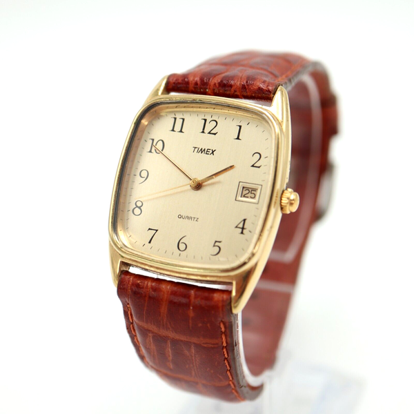 Vintage Timex Mens Gold Tone Tank Watch 29mm Date Brown Leather Band ...