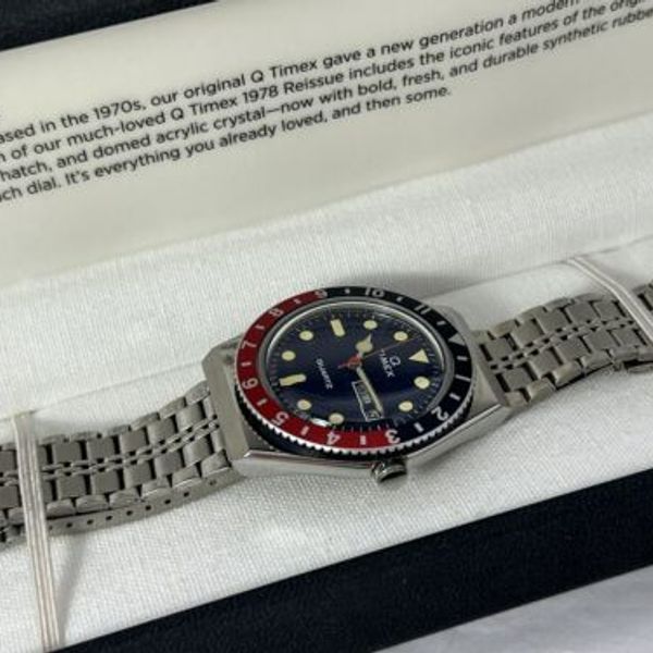 Timex Q 38mm Pepsi Bezel Reissue Watch w/Stainless Steel Band & Box ...