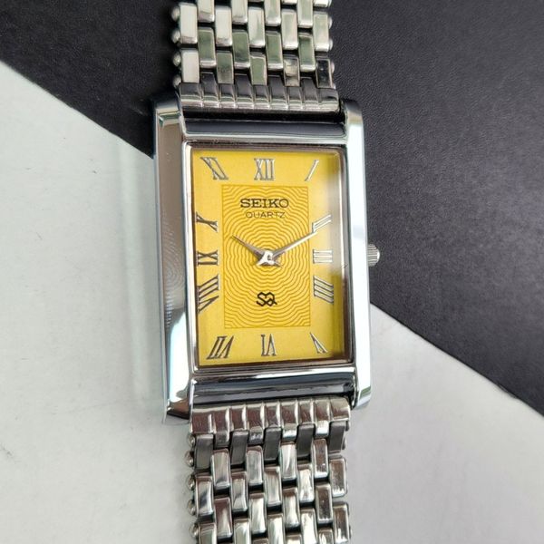 vintage Seiko Slim Tank Quartz Men Yellow Dial Looser Chain Dress Watch ...