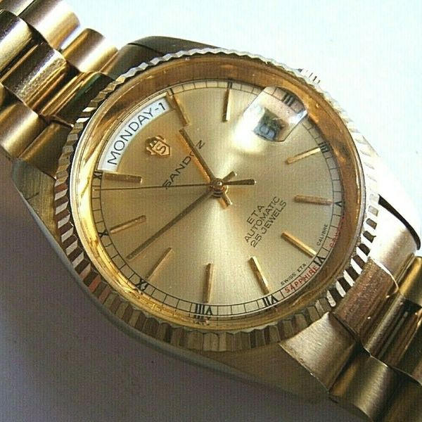 SWISS SANDOZ AUTOMATIC DAY DATE PRESIDENT ROLEX HOMAGE 18K GP 36MM ETA ...