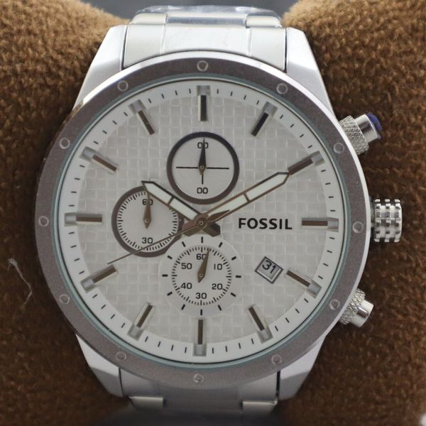 Casual Fossil Chronograph Men White Dial 'Date' Quartz Wristwatch Steel ...