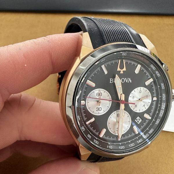 BULOVA CLASSIC MEN'S CHRONO ROSE GOLD BLACK RUBBER BAND WATCH W DATE ...