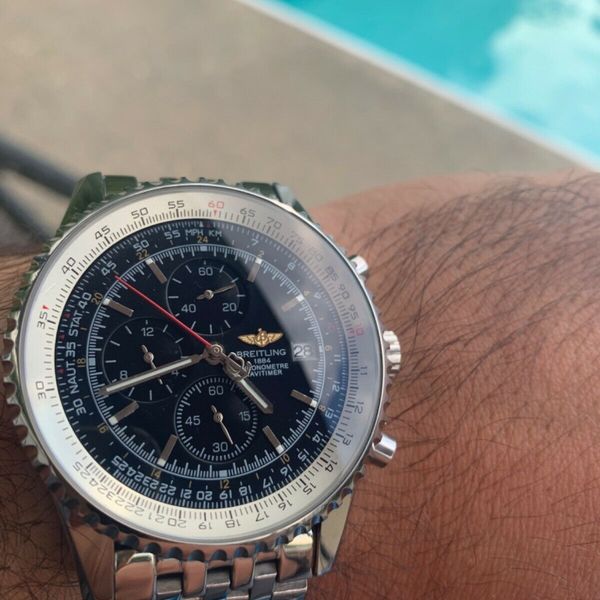 BREITLING NAVITIMER WORLD GMT 46MM SS BEAUTIFUL RARE BLUE DIAL MENS ...