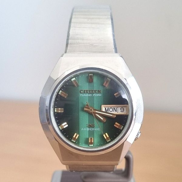 Vintage SS Citizen Hisonic green dial day & date 15 j Tuning Fork watch ...