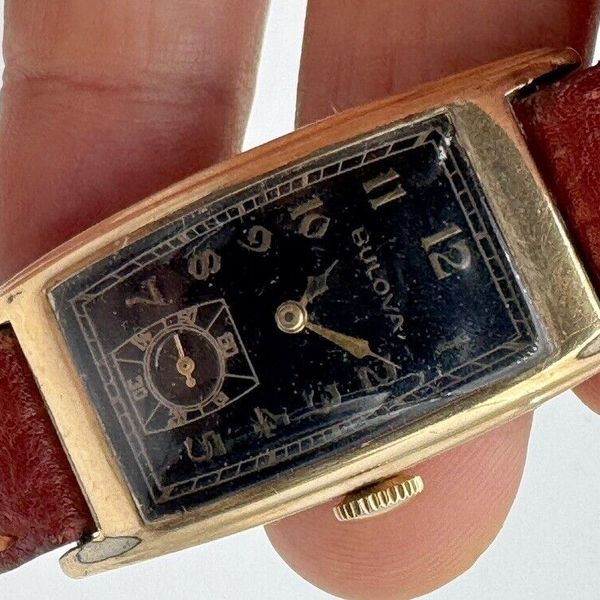 1940's BULOVA CURVED MEN'S ORIGINAL BLACK DIAL 10K GOLD FILLED HAND ...