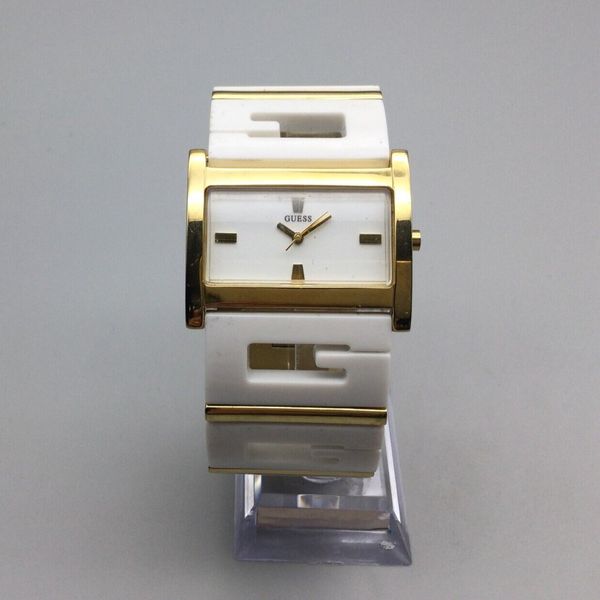 Guess Wide Tank Watch Women Gold Tone White Logo Band New Battery 6.75 ...