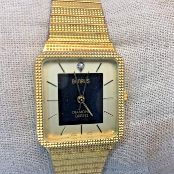 Benrus Diamond Quartz Men's Watch Gold Dial Adjustable Band New Battery ...