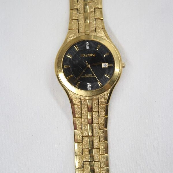 ELGIN EG186 Diamond Collection Gold Tone Date Black Dial Watch Water ...