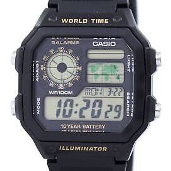 Casio Digital World Map World Time Alarm Illuminator AE-1200WH-1BVDF ...