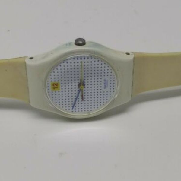 Swatch Watch White - Blue Polka Dot - Blue Red Yellow Hands, Silicone ...