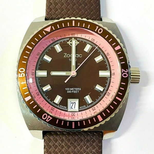 Zodiac 1882 Sea Dragon 100m DIVERS Pink Dial Silicon Swiss SS Watch ...