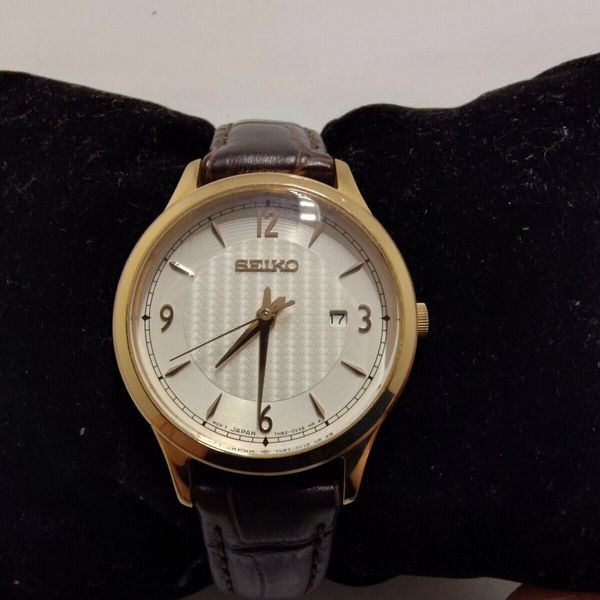 Ladies Seiko 7n82-0jn0 Watch White Textured Dial, Gold Tone Case ...