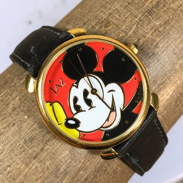 Jaz Mickey Mouse Y481-X056 Gold Tone Black Leather Quartz Analog Watch 7 1/4" | WatchCharts ...